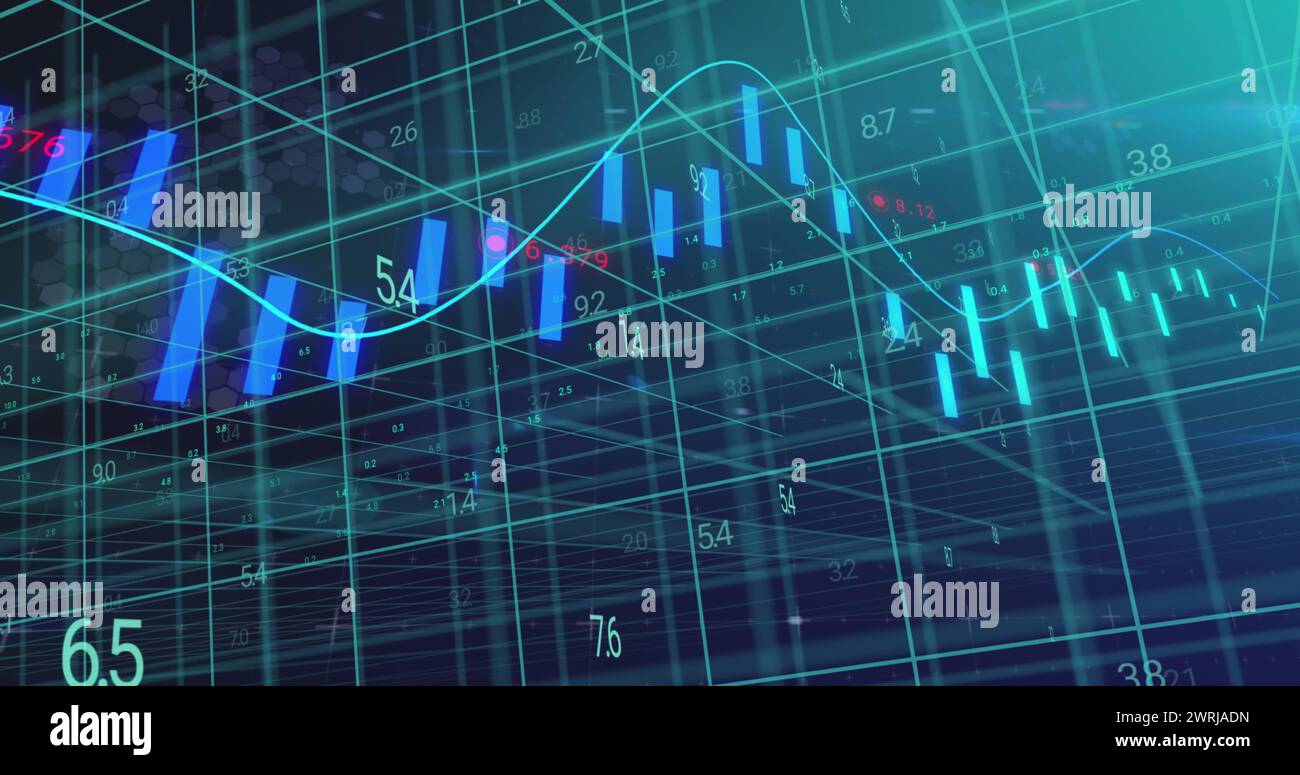 Image of blue graph and processing data over 3d grid on black background Stock Photo - Alamy