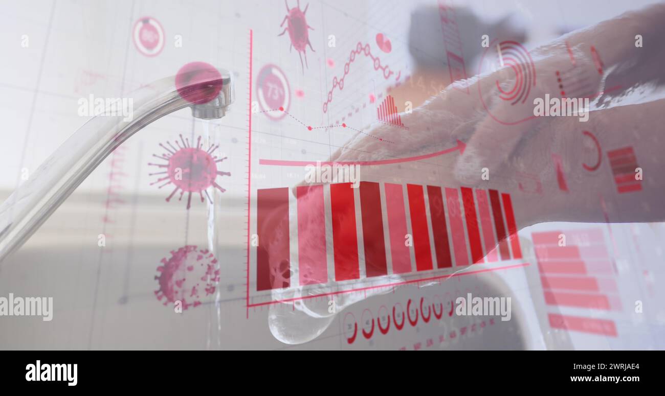 Image of digital interface with graphs and statistics over woman ...