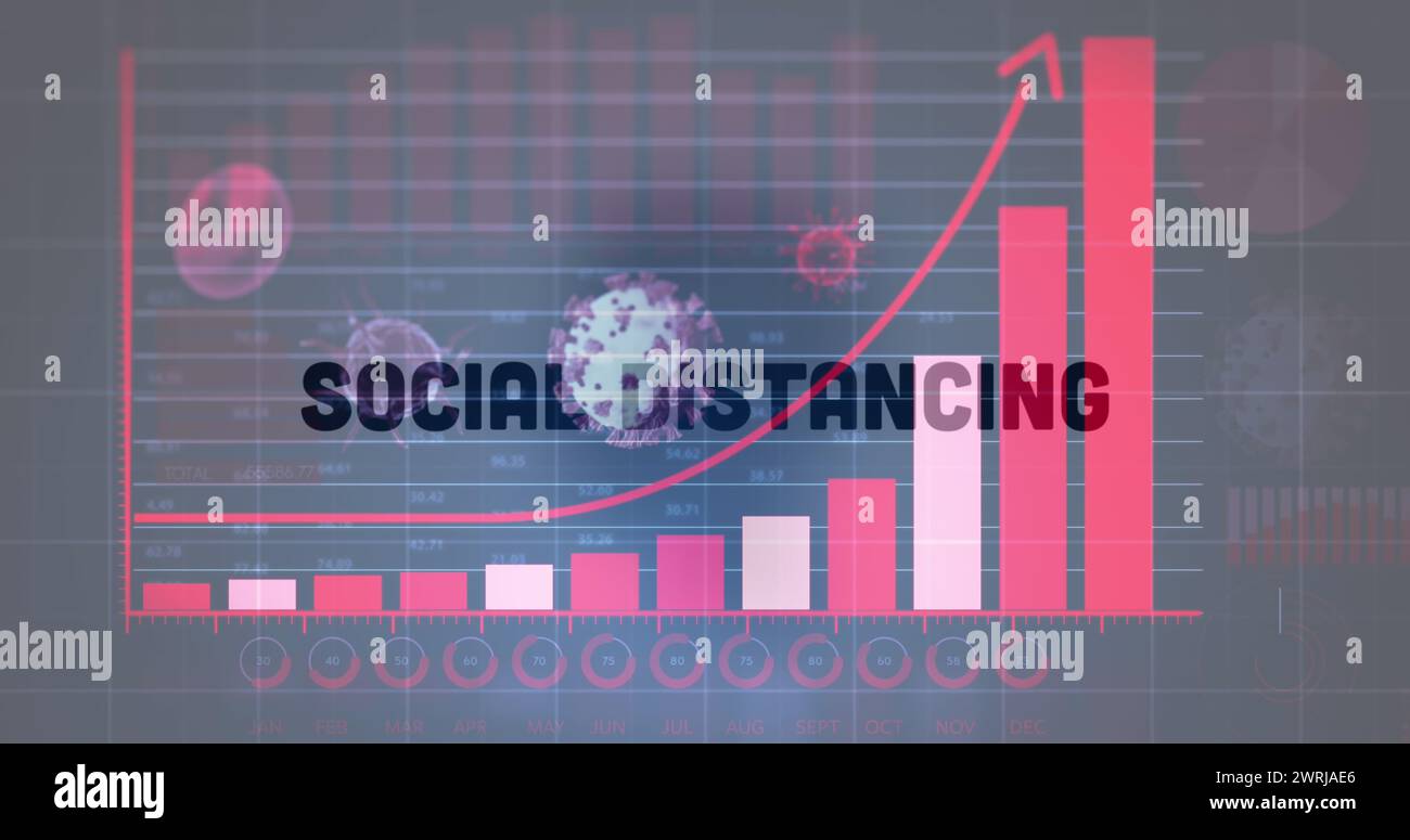 Image of coronavirus slogans, digital interface with graphs and ...