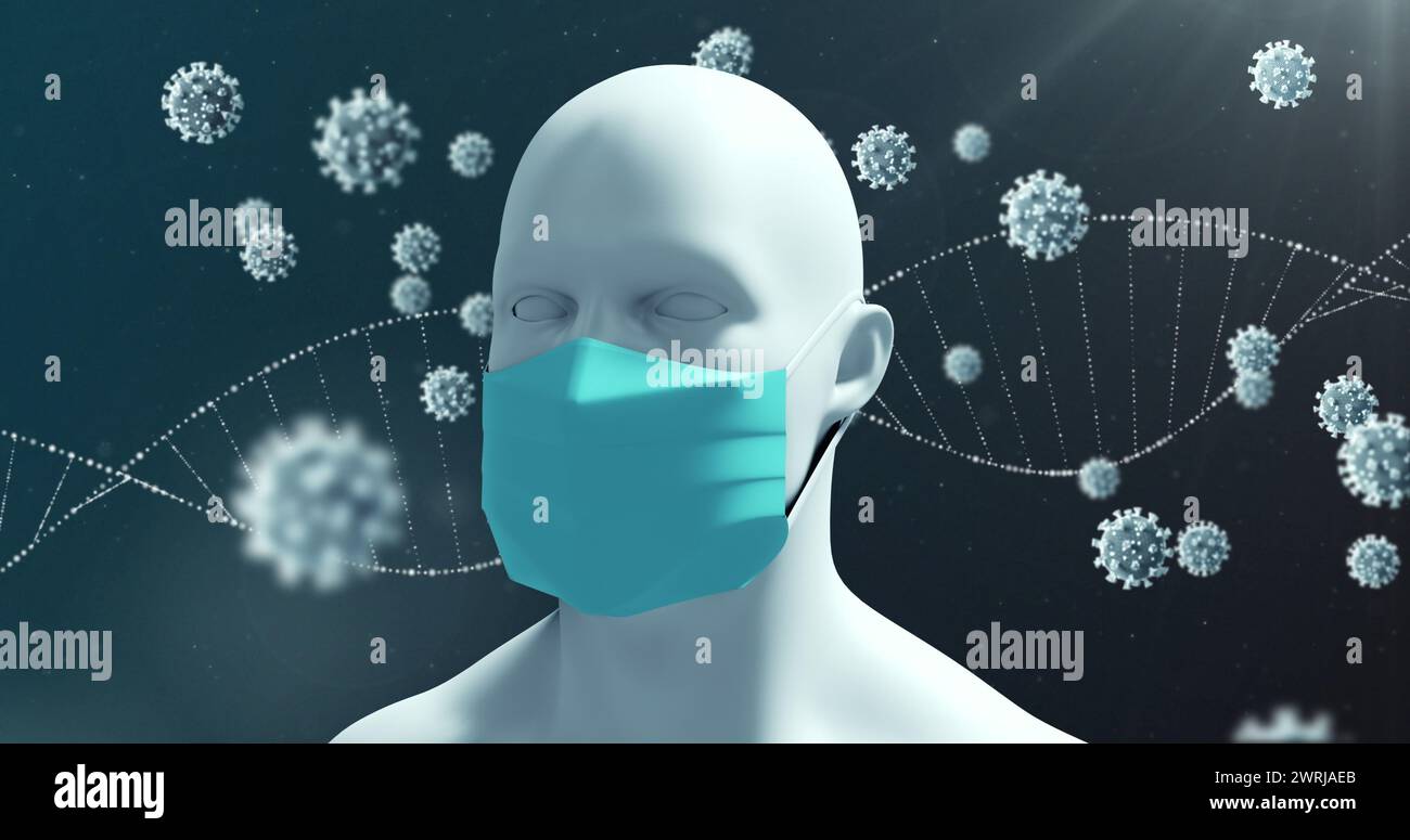 Image of rotating DNA strand and Covid 19 cells spreading over model of ...