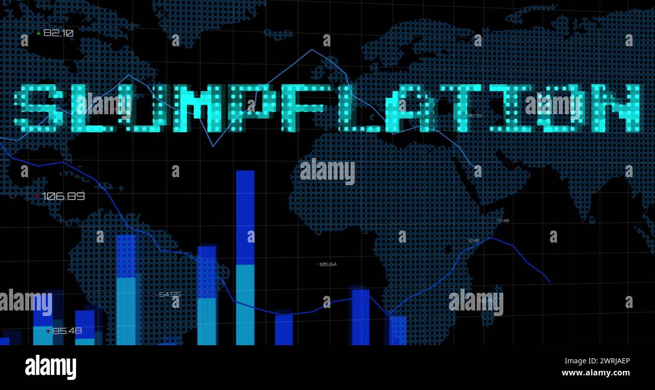 Image of slumpflation text in blue with graph over world map and processing data Stock Photo - Alamy