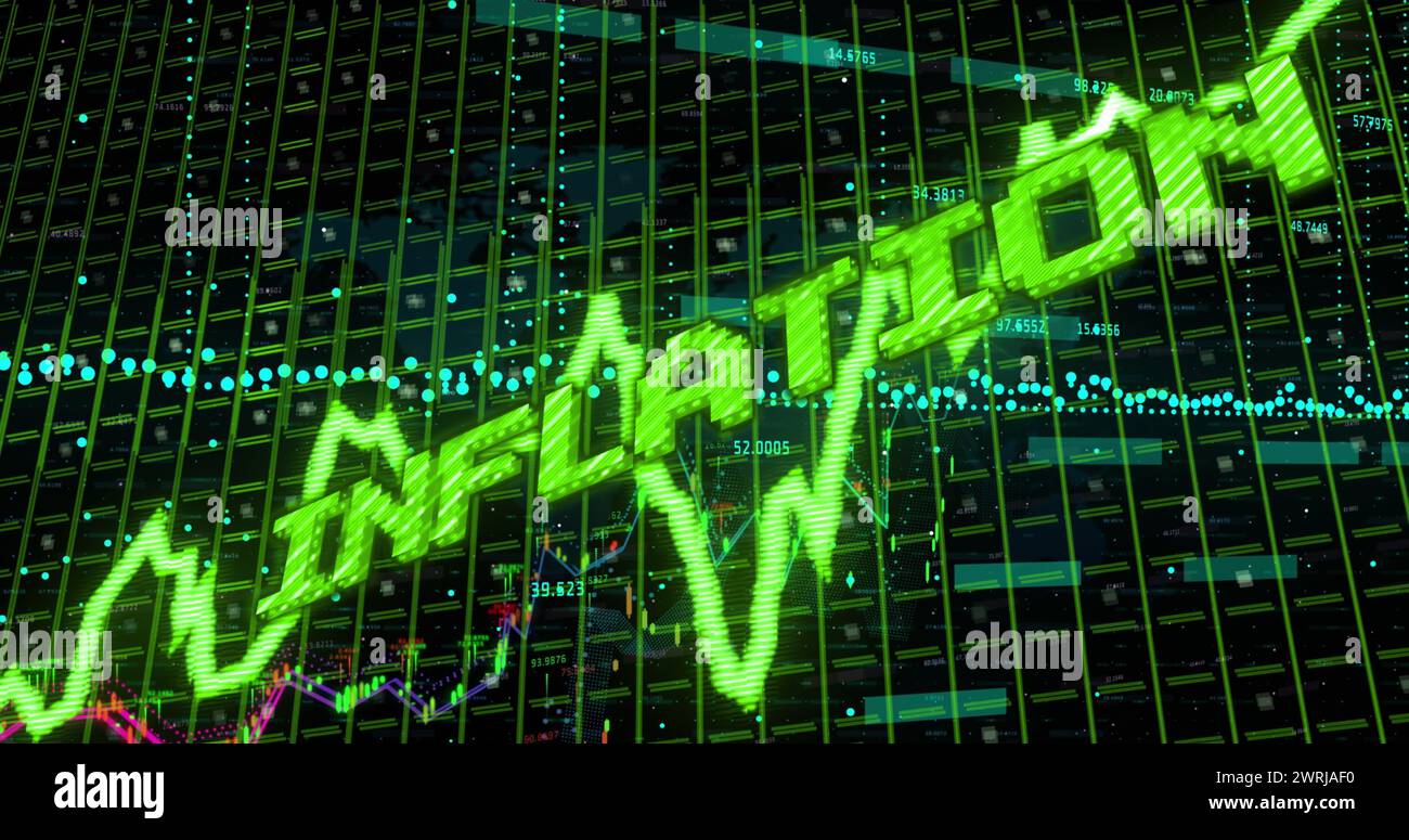 Image of inflation text in green over graph and layers of charts processing data Stock Photo - Alamy