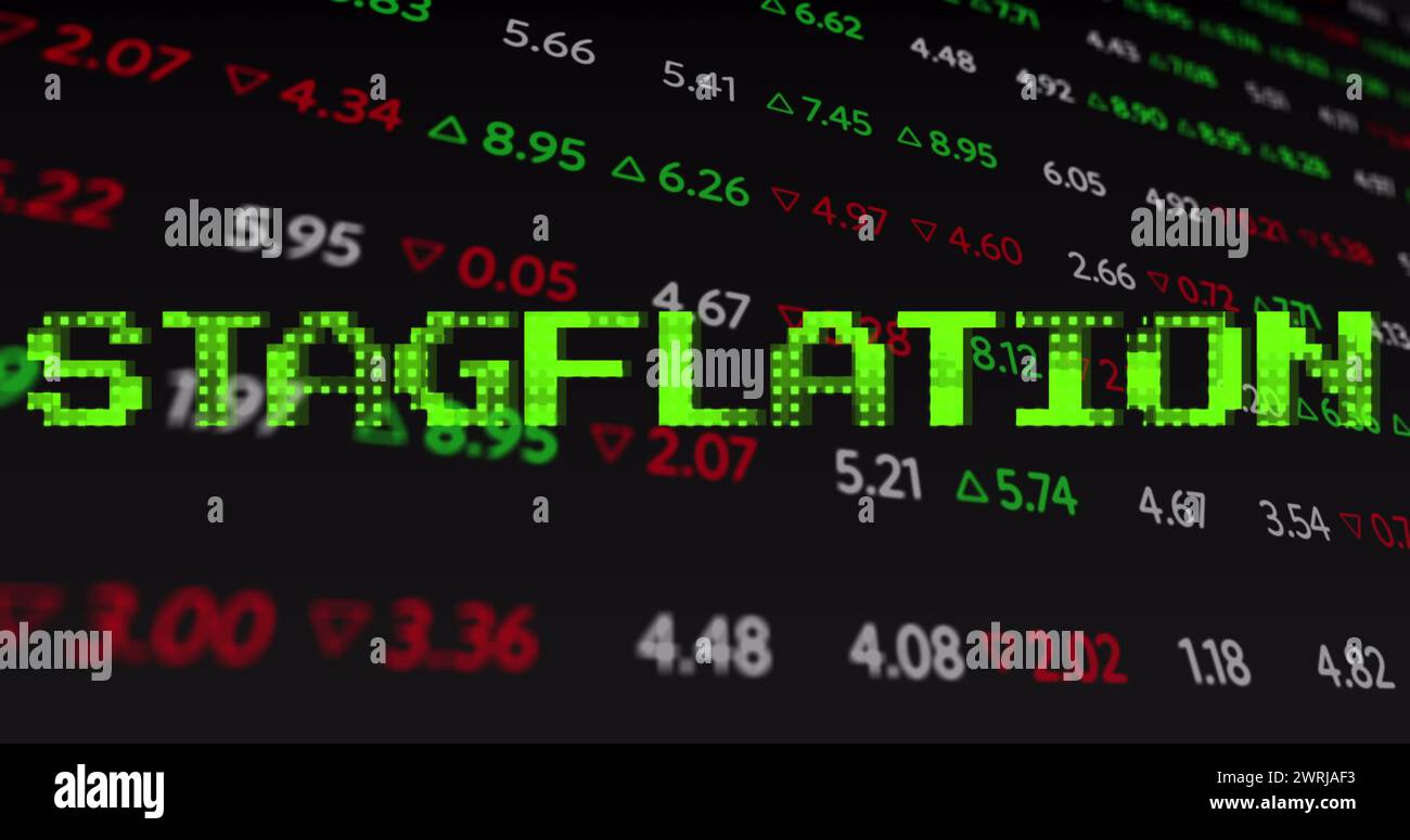 Image of stagflation text in green over graph and financial data processing Stock Photo - Alamy