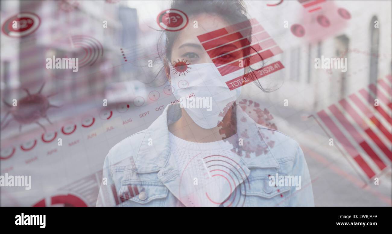 Image of digital interface with graphs and statistics over portrait of ...