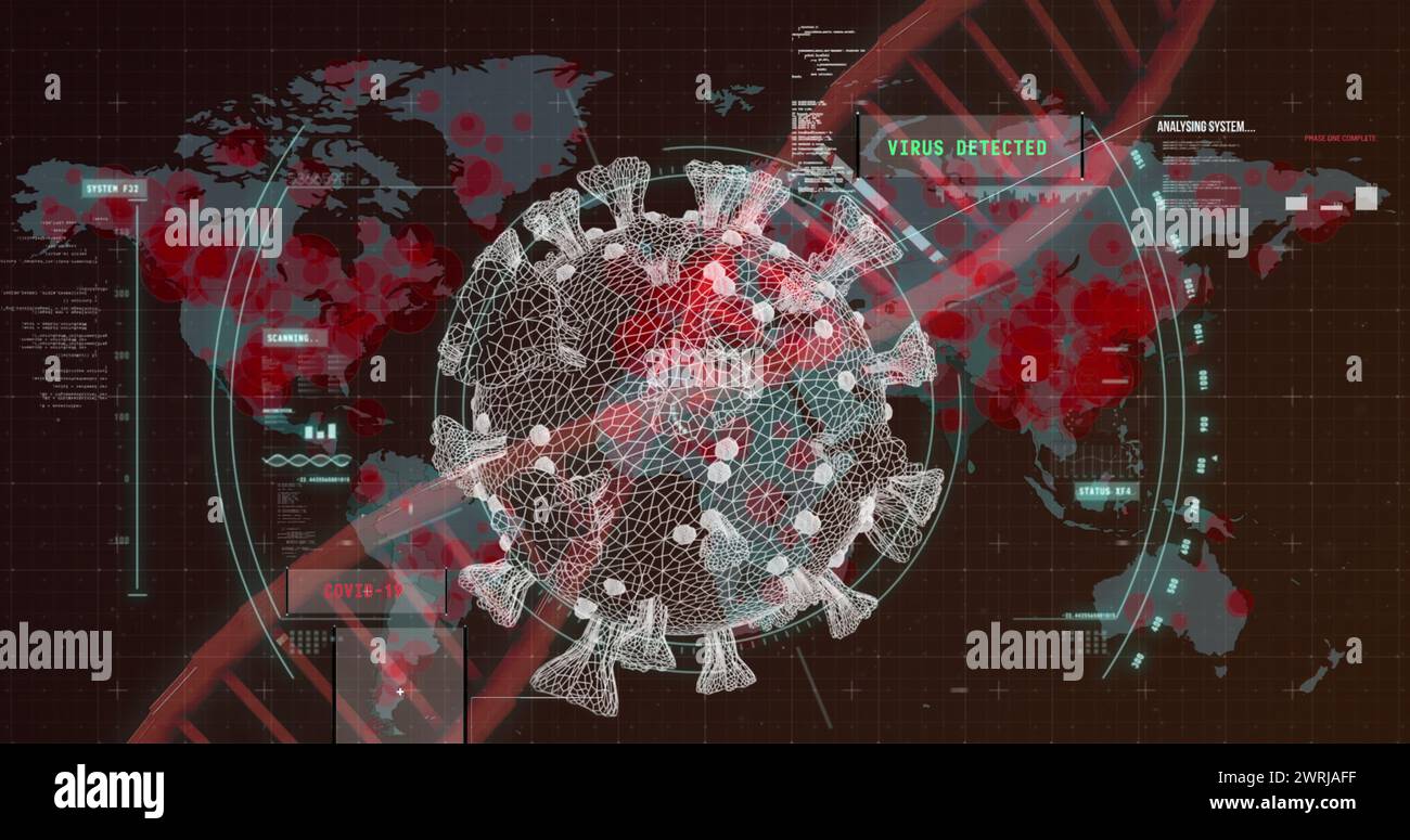 Digital image depicts 3D COVID-19 cell and DNA over a world map ...