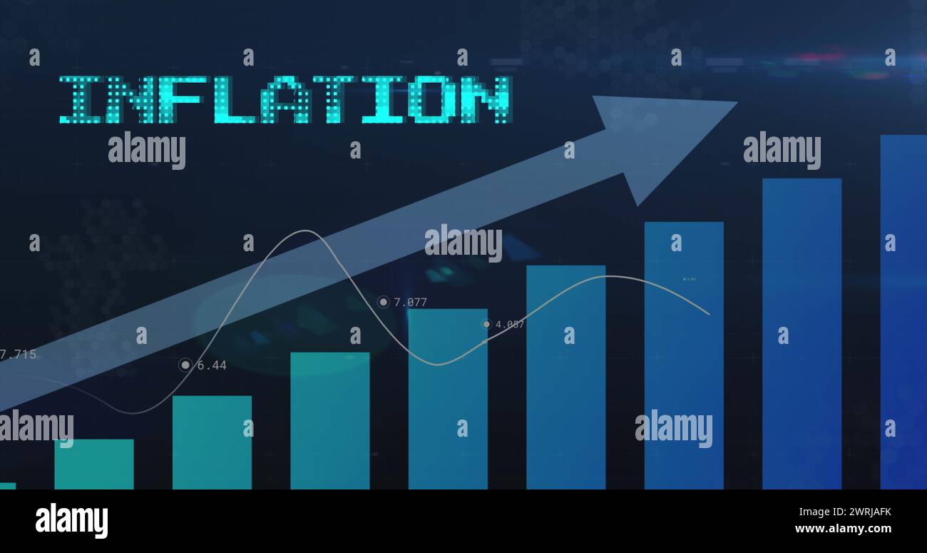 Image of inflation text in blue with arrow and graph over charts processing data Stock Photo - Alamy