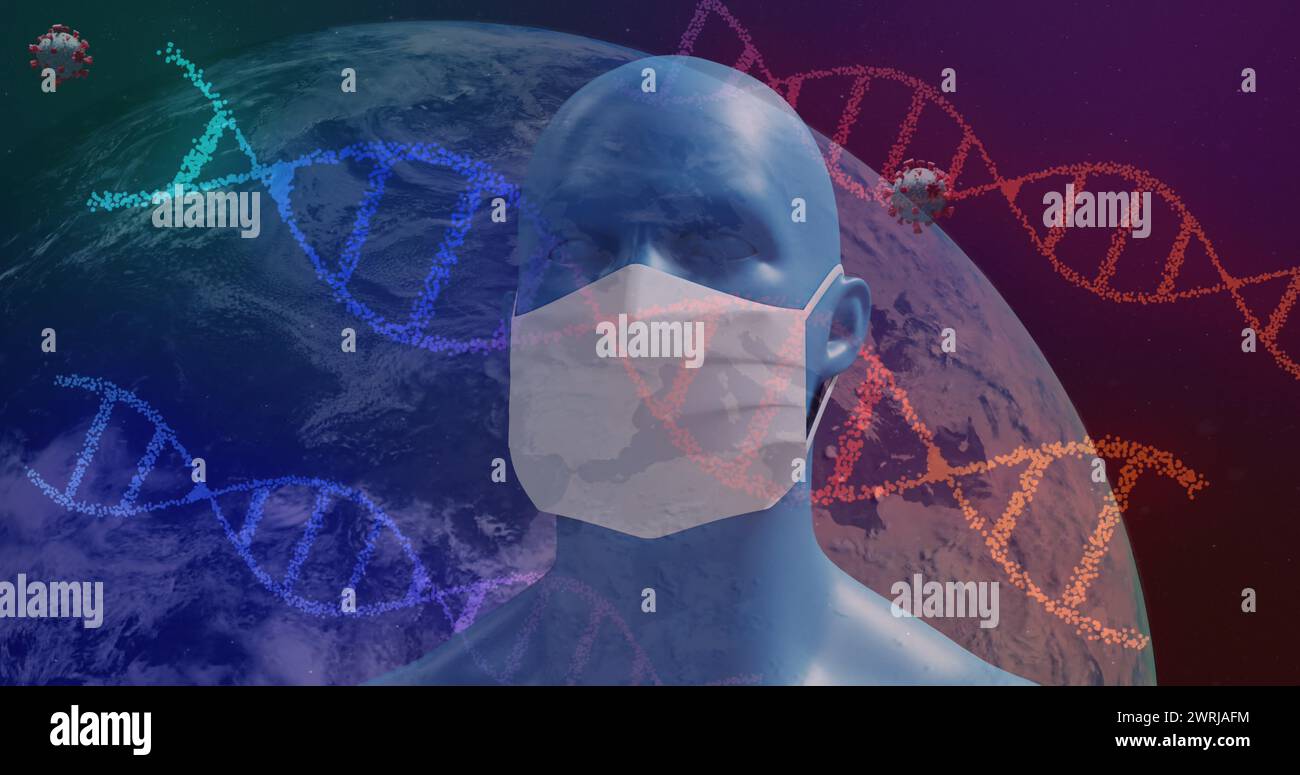 Image of rotating DNA strands, spinning globe and Covid 19 cells ...