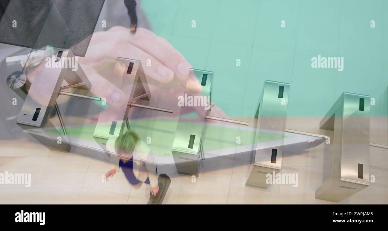Image of hands using tablet over businesswomen walking through ...