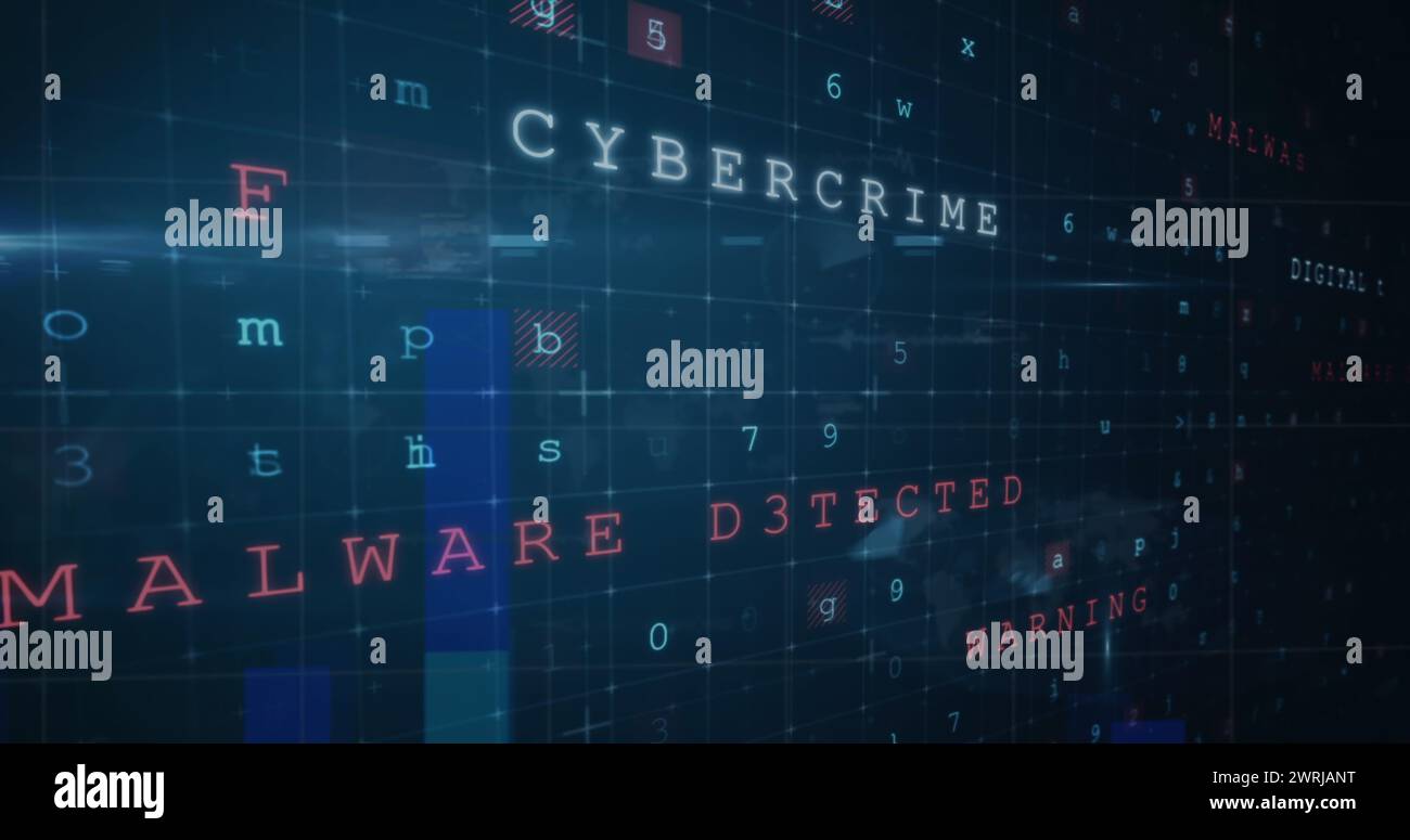 A digital screen displays cybersecurity threats, highlighting malware ...