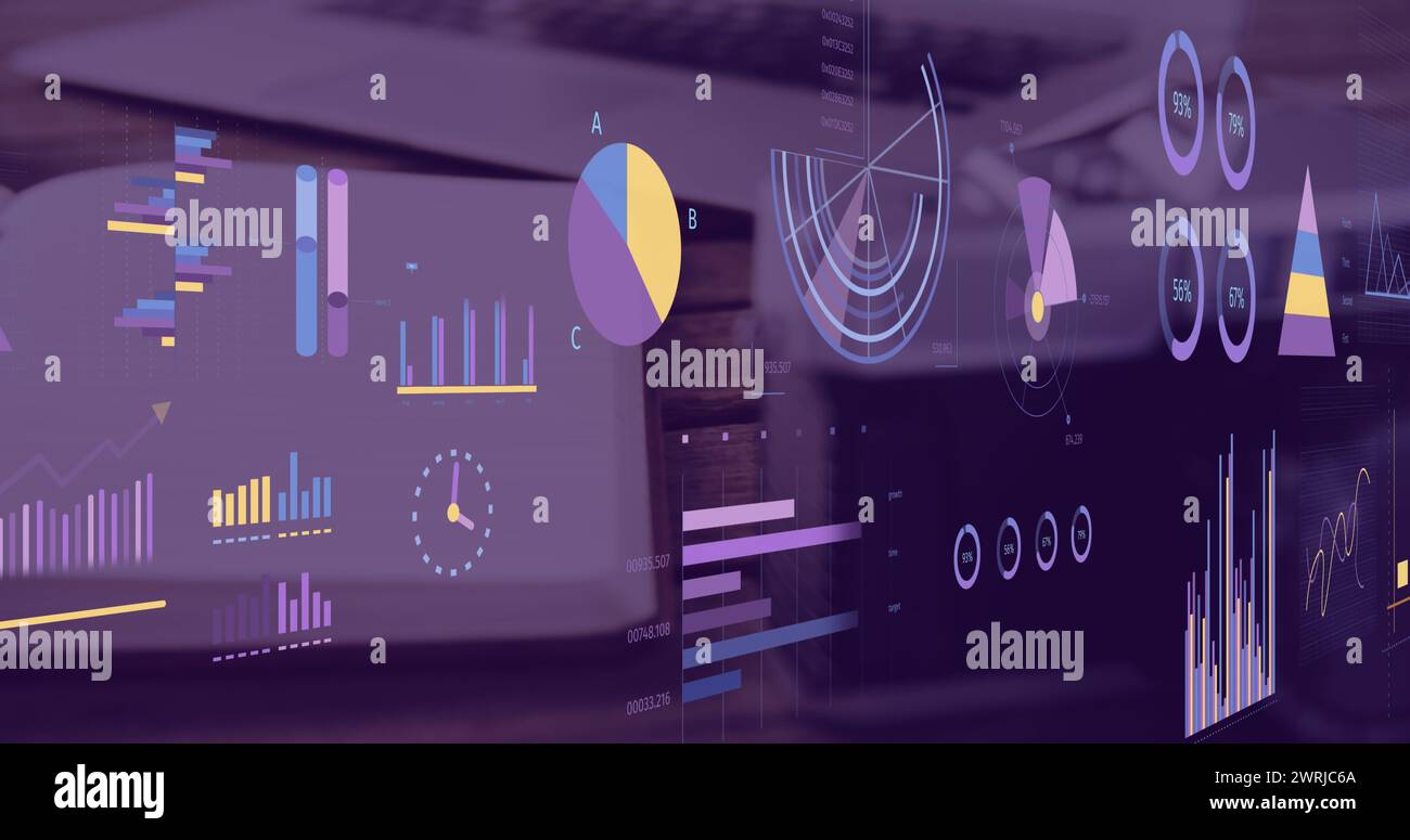 Image of statistics, graphs and financial data processing over computer with blank screen Stock ...