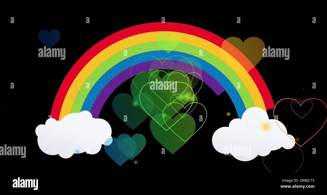 Image of clouds and hearts over rainbow background Stock Photo - Alamy