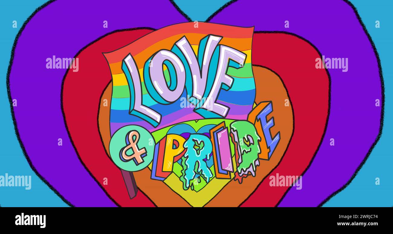 Image of love and pride text and rainbow hearts. Pride month, lgbtq ...