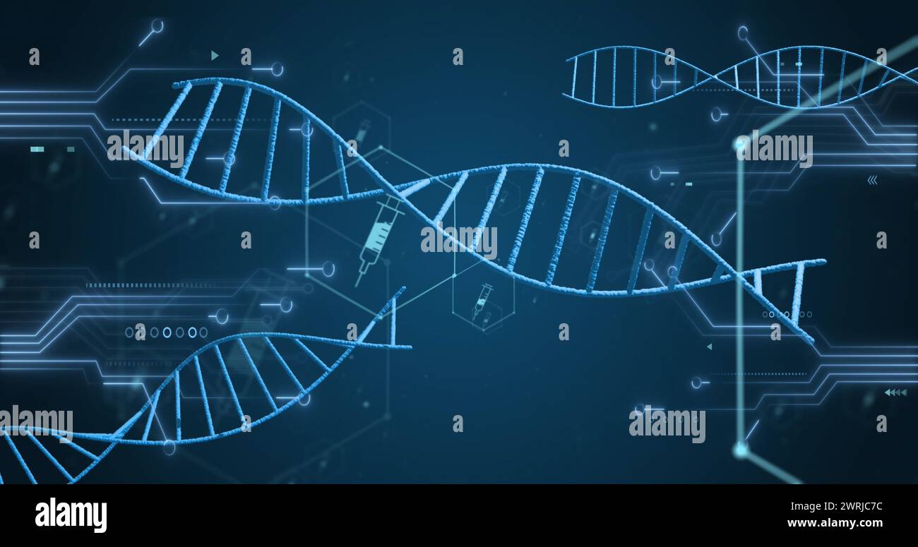Image of icons, dna strands over data processing Stock Photo - Alamy