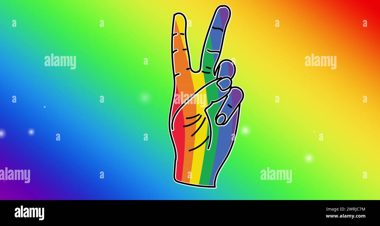 Image of rainbow hand with victory sign over rainbow background Stock ...