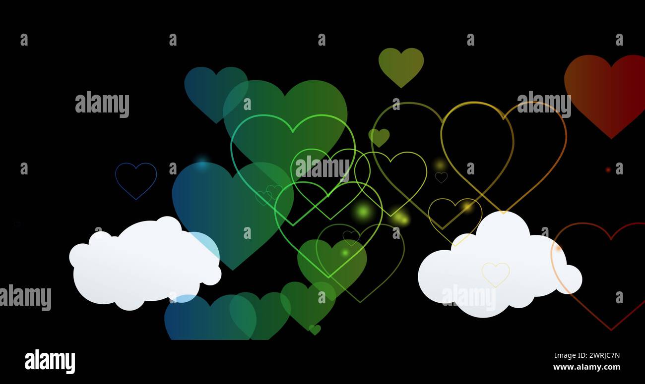 Image of clouds and hearts over rainbow background Stock Photo - Alamy