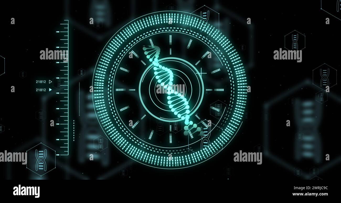 Image of scope, dna strand over data processing Stock Photo - Alamy