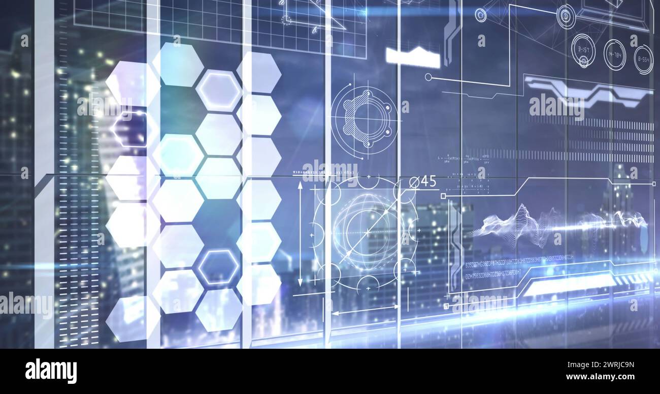 Image of shapes numbers and graphs on multiple screens Stock Photo - Alamy