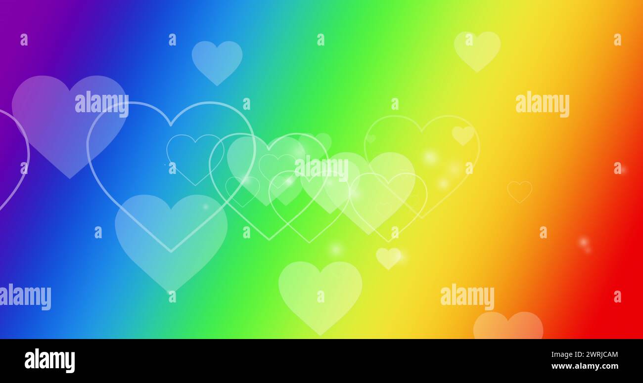 Image of hearts over rainbow background. Pride month, lgbtq, human ...