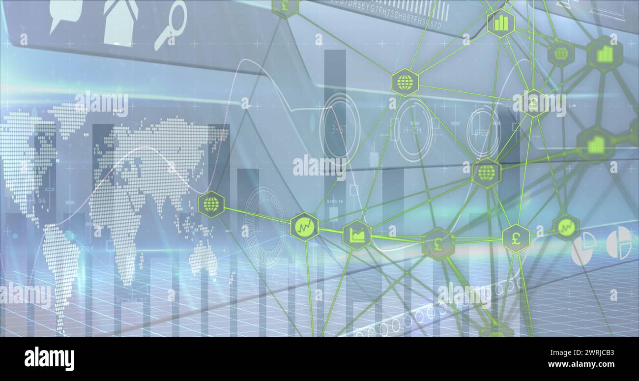 Image of a world map with net of connections and technological icons ...