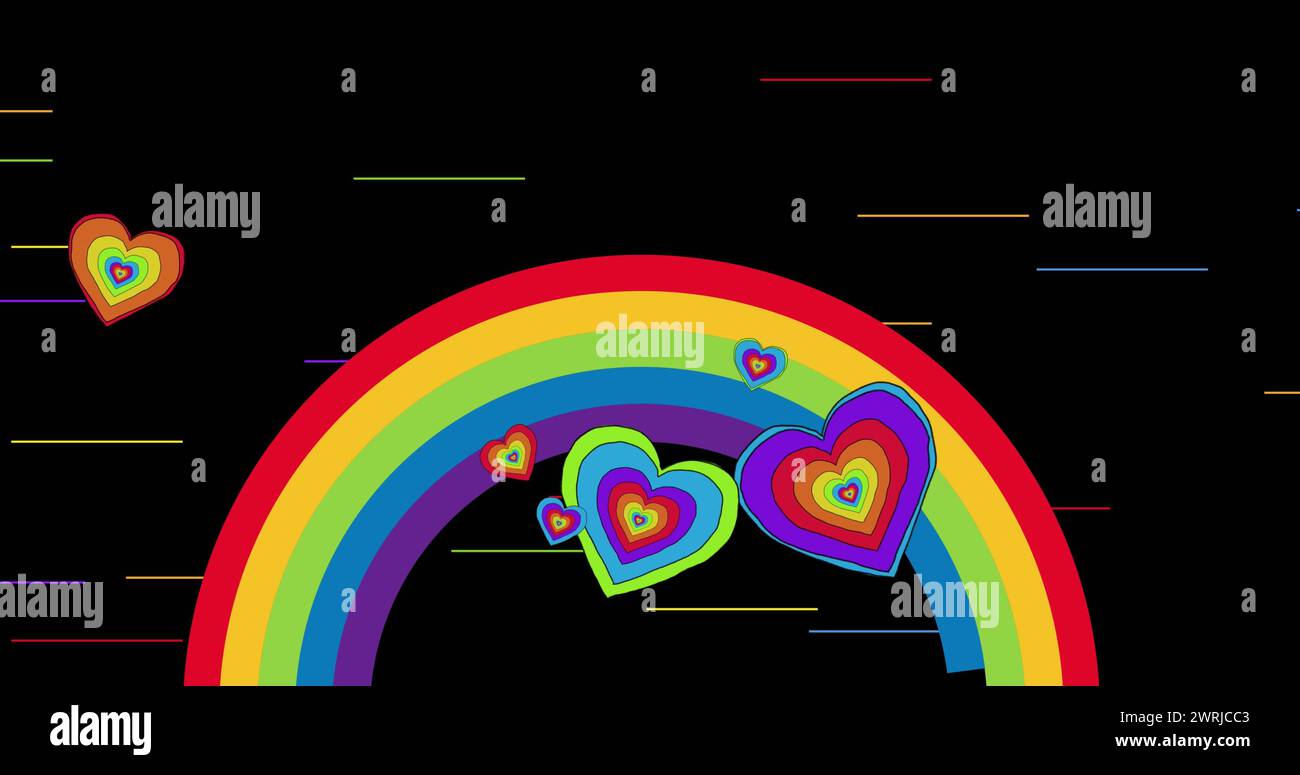 Image of rainbow hearts over rainbow on black background. Pride month ...