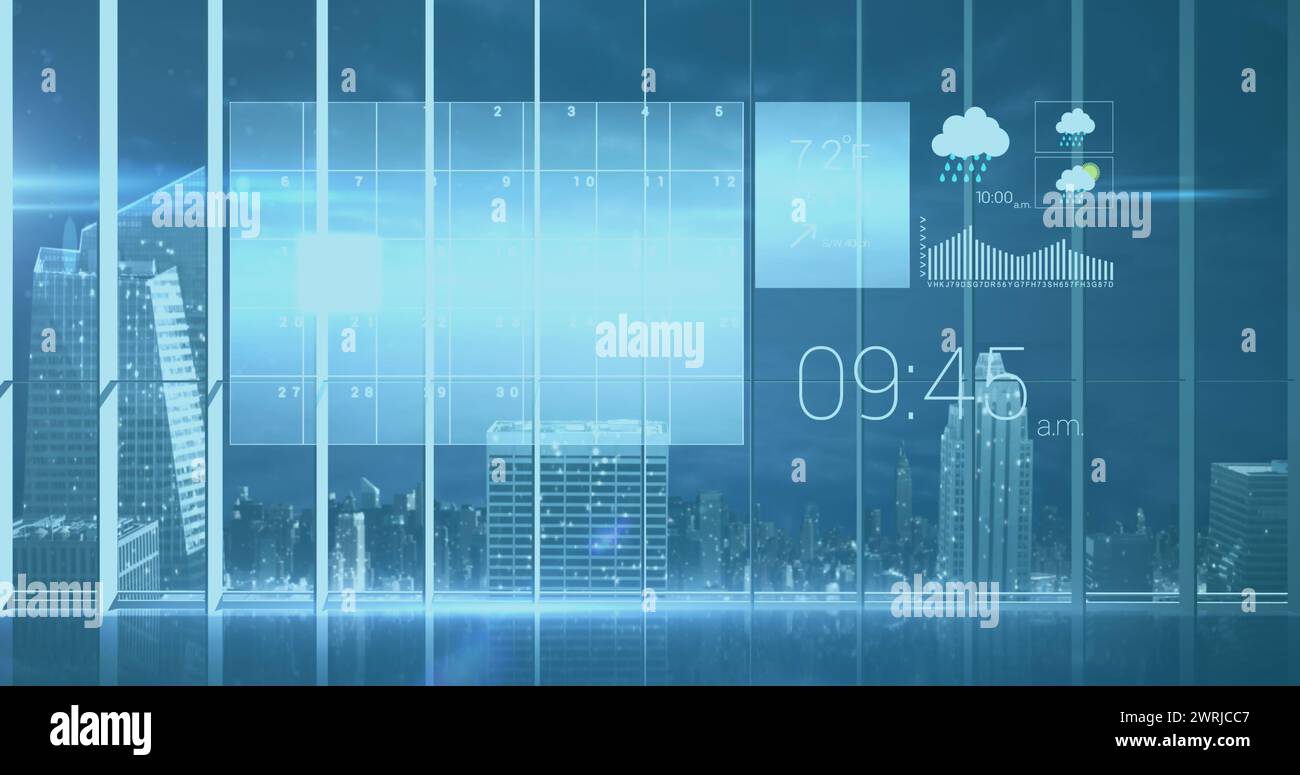 Image of numbers floating with weather icons over 3d model of a city ...