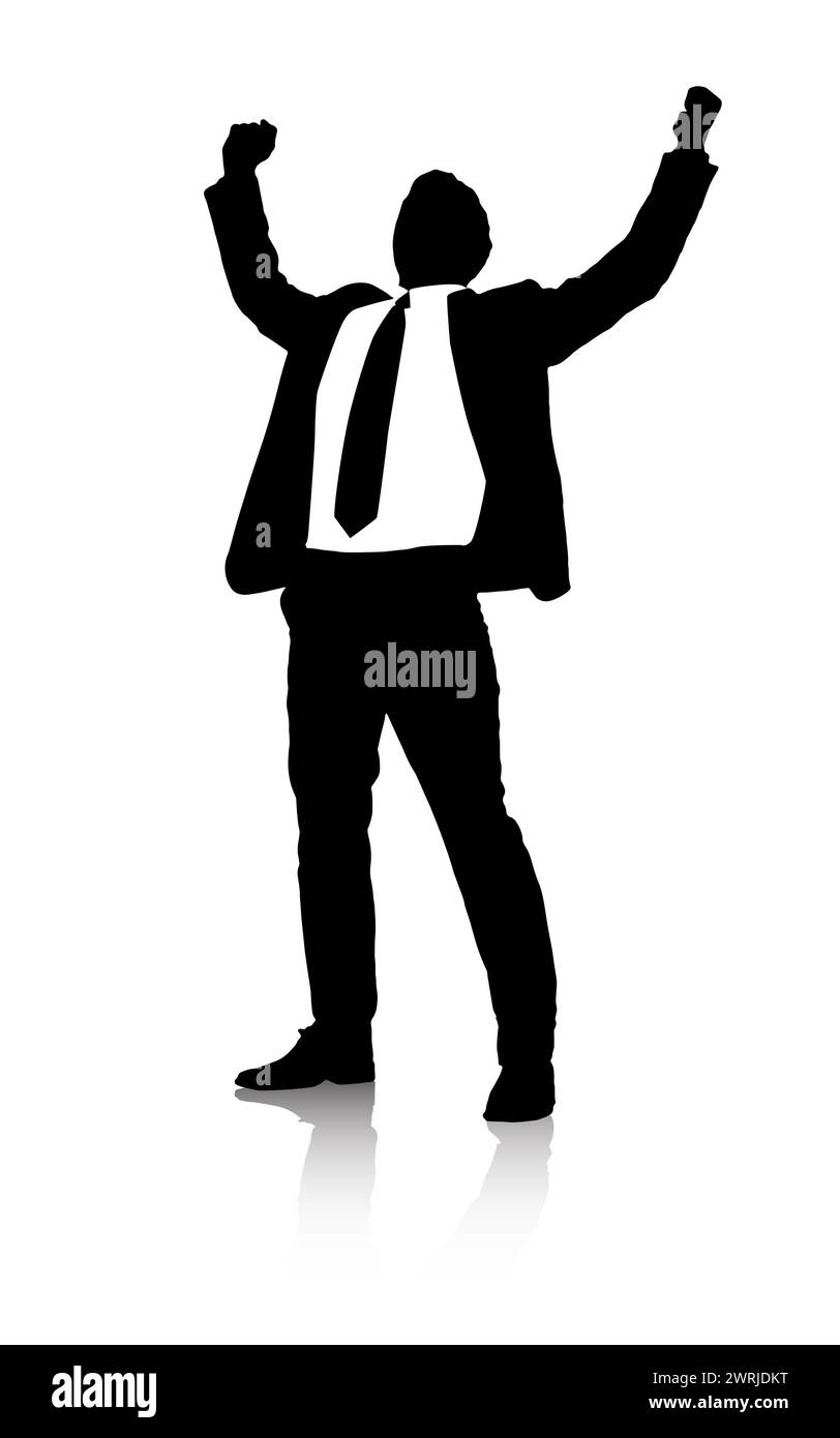 Silhouette, businessman and celebration by white background for success ...