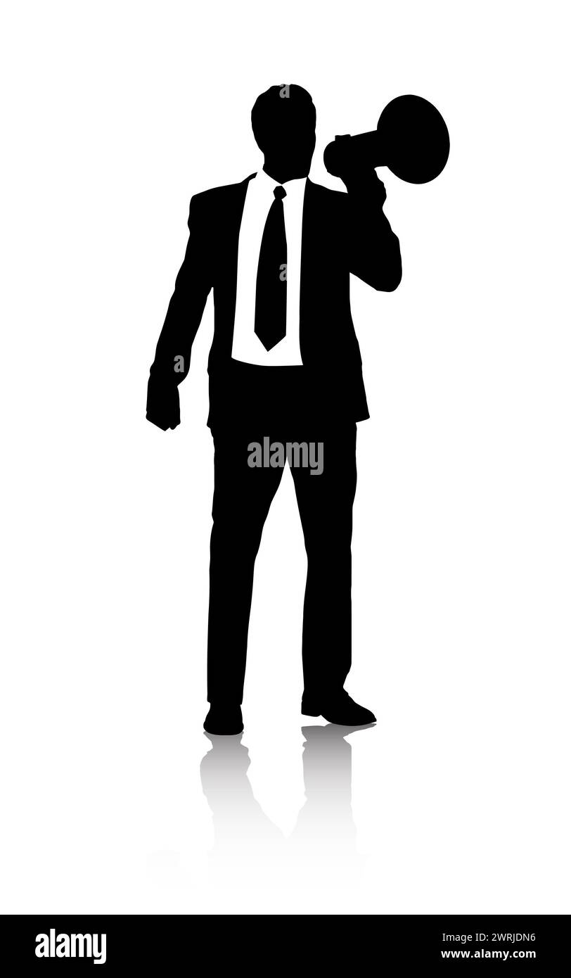 Businessman, suit and talking on bullhorn by white background and ...