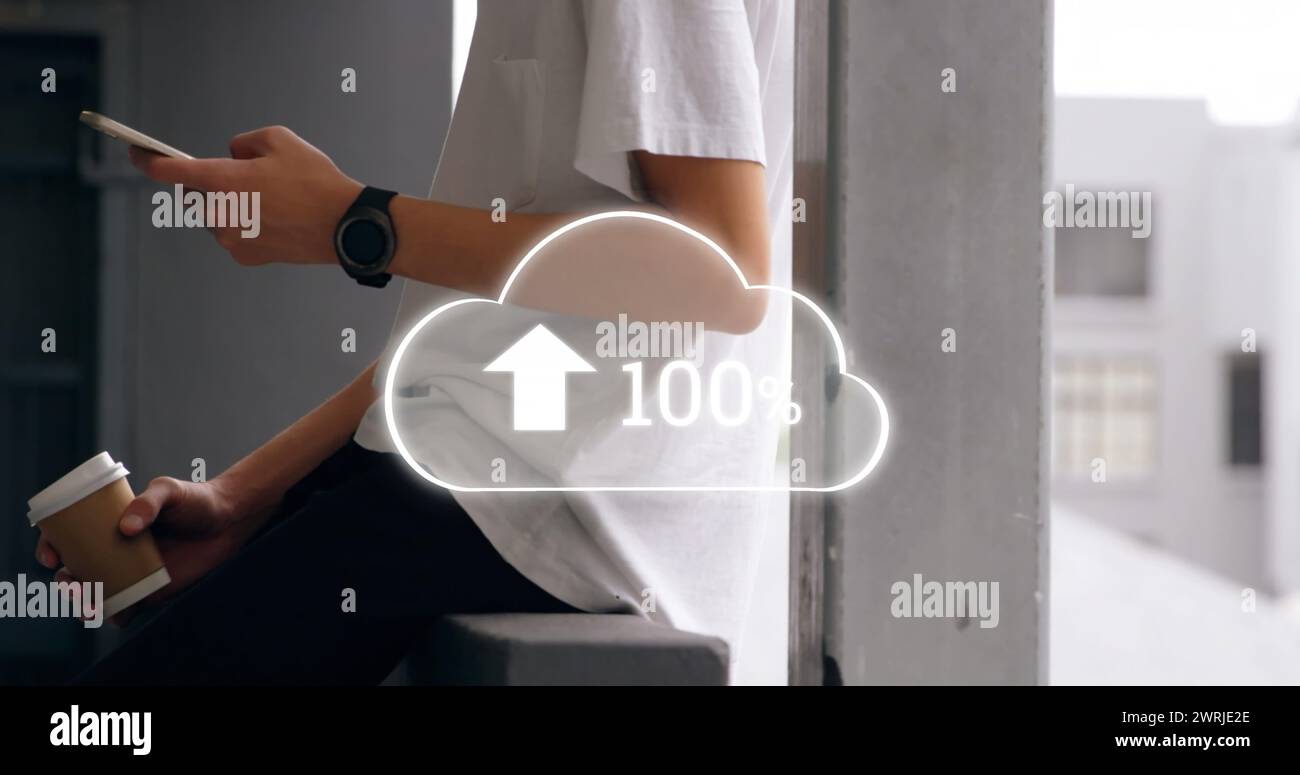 Student uses phone and holds coffee, with digital upload imagery in 4k ...