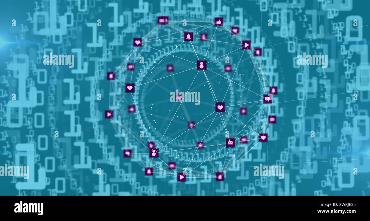 Image Of Network Of Connections With Icons Over Binary Coding Stock 4043