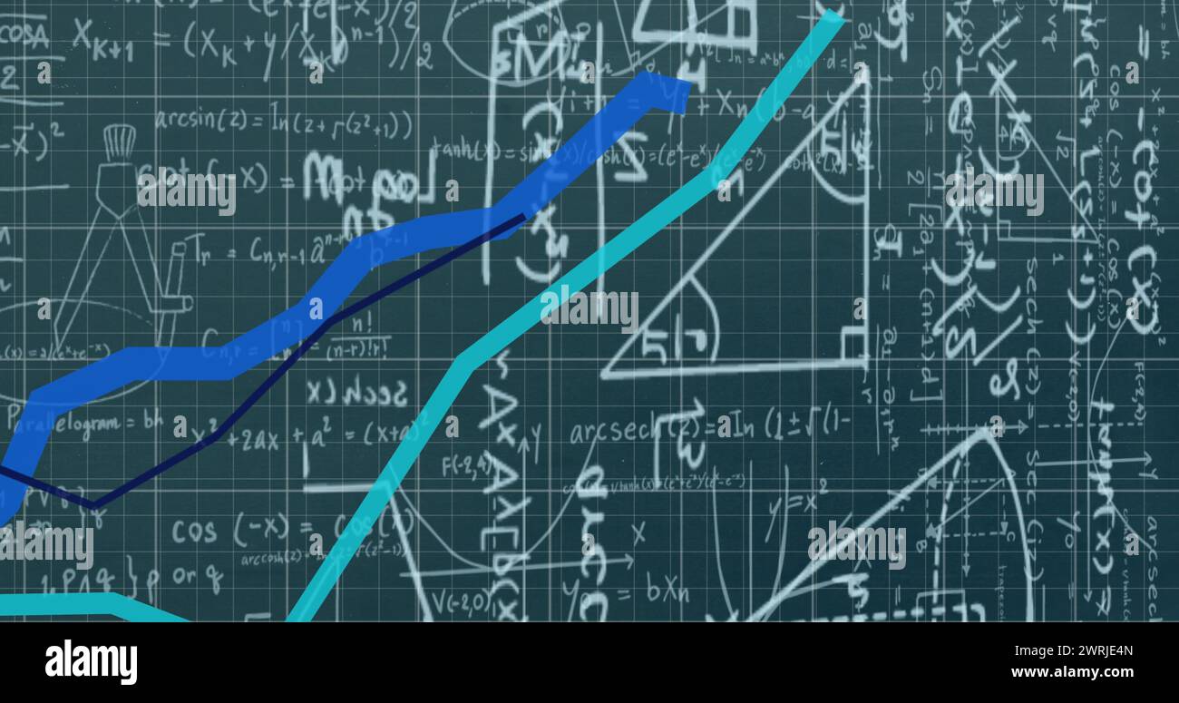 Image of blue lines recording over mathematical equations and grid ...