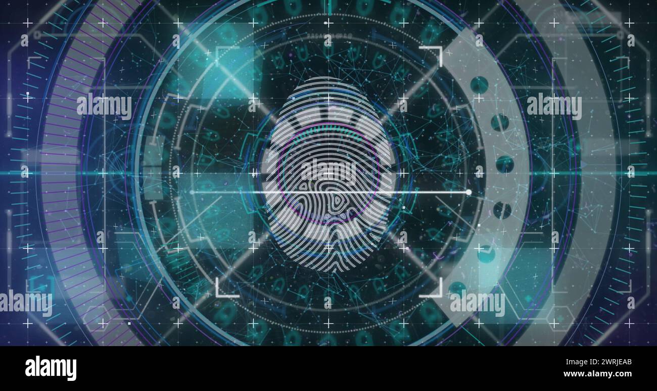 Biometric thumbprint against scope scanner with data processing on blue ...