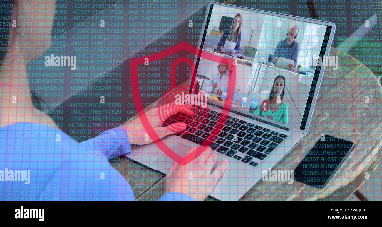 Laptop screen displays a virtual meeting with four participants Stock ...