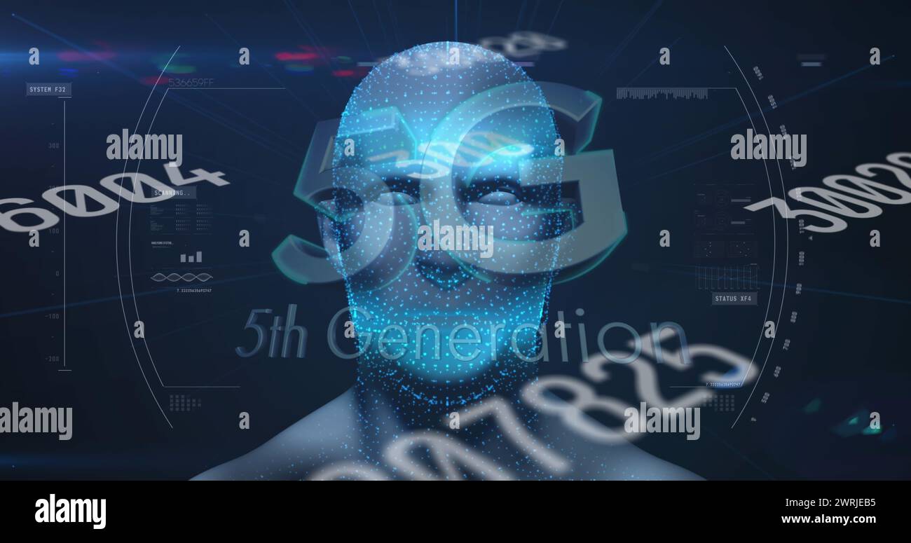 A digital human face is overlaid with futuristic data graphics Stock ...