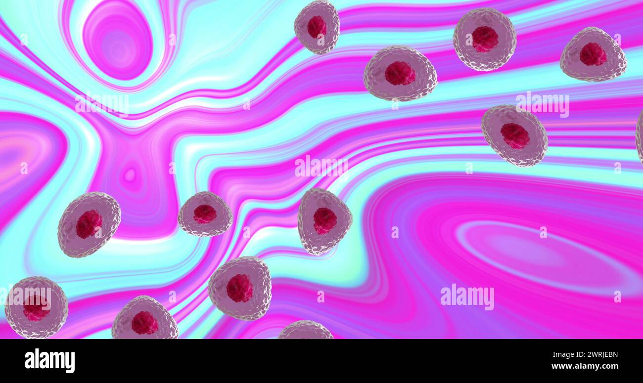 Image of micro of red and pink cells over blue and purple background ...