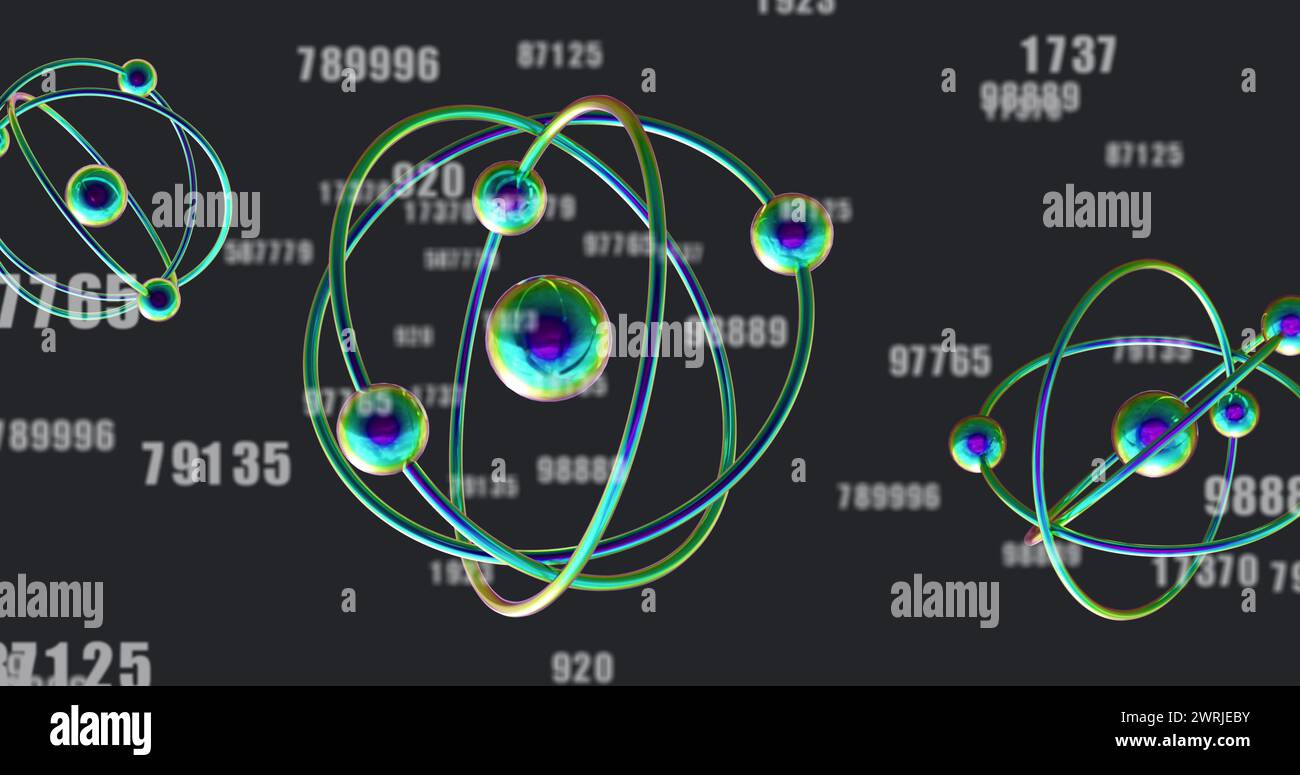 Image of 3d micro of molecules and numbers on black background Stock ...