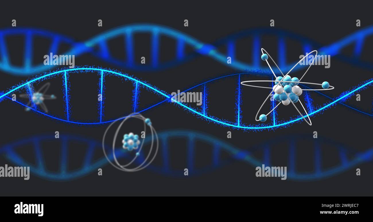 Image of micro of atom models and dna strands over black background ...