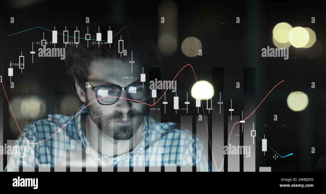 Image of numbers changing over statistics and tired man Stock Photo - Alamy