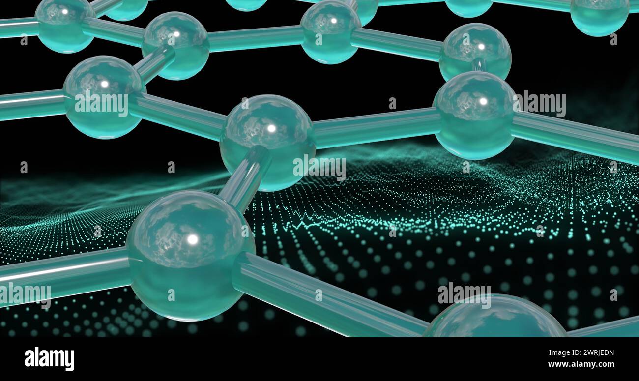 Image of 3d micro of network of molecules on green mesh and black ...