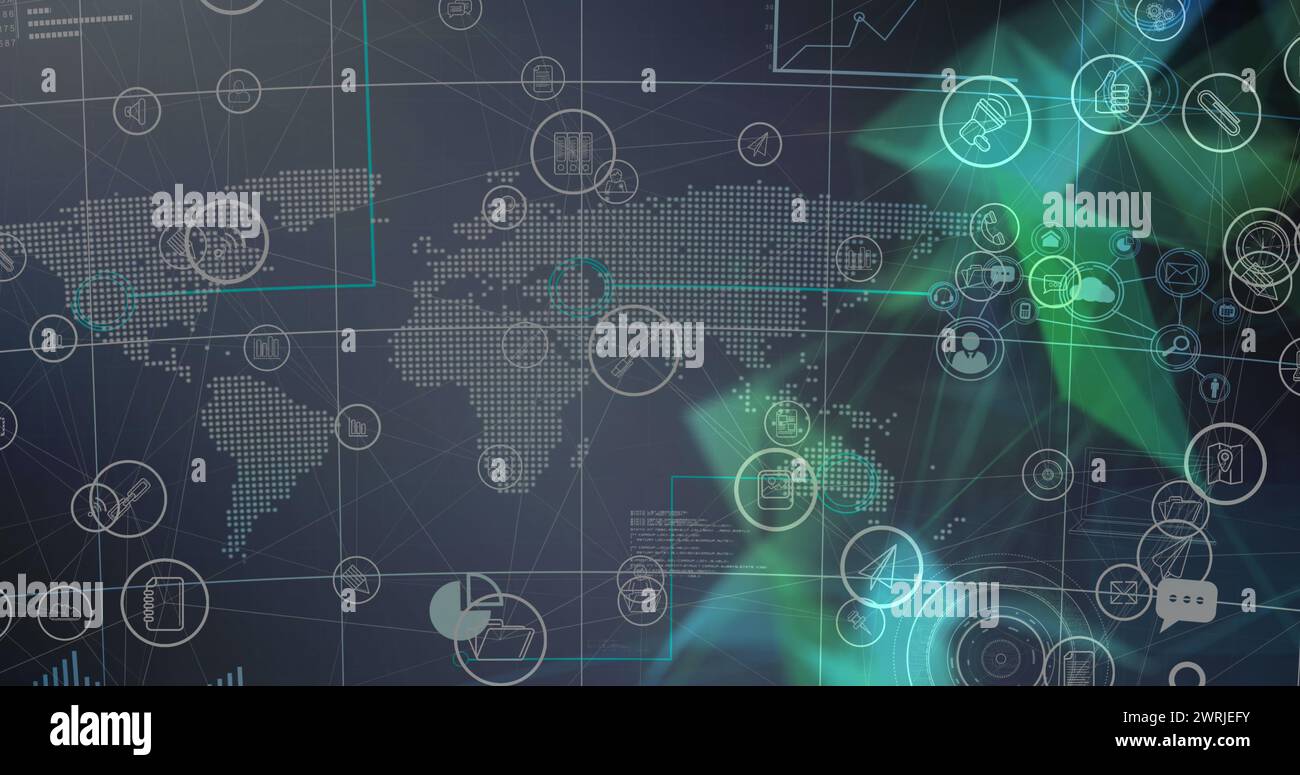 Image of digital icons over world map Stock Photo - Alamy