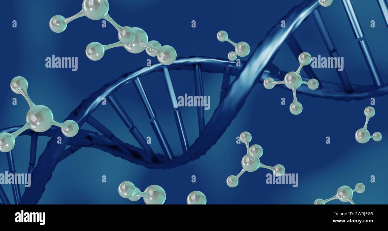 Image of 3d micro of molecules and dna strands on blue background ...