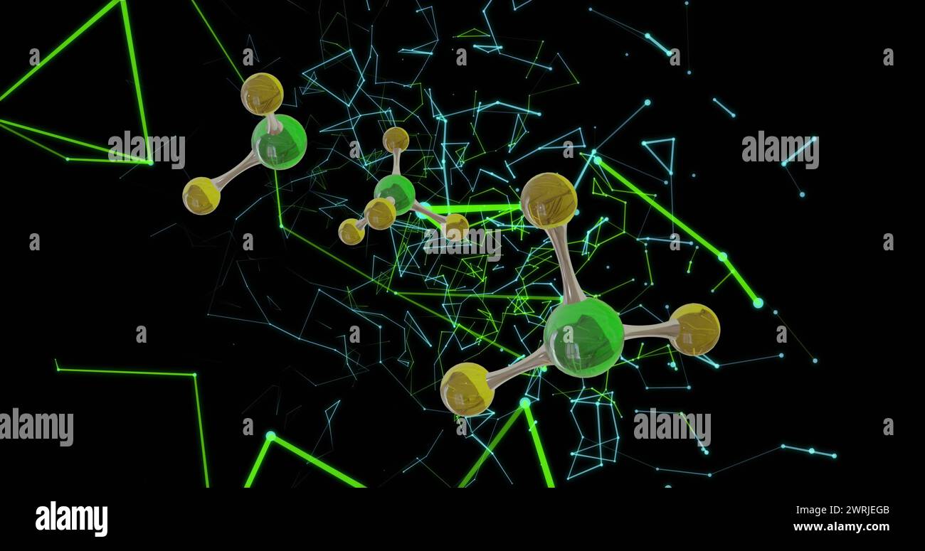 Image of 3d micro of molecules and connections on black background ...
