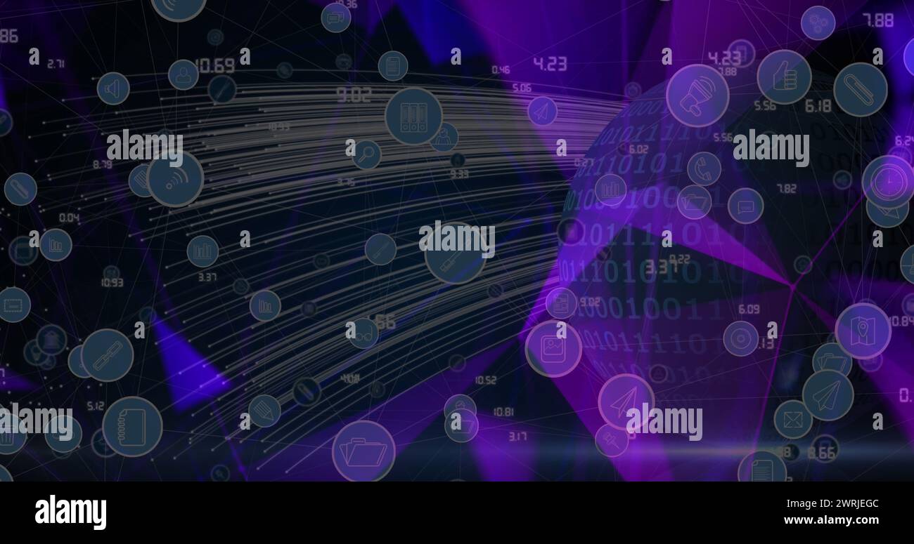 Image of digital icons over globe with binary coding in background Stock Photo - Alamy