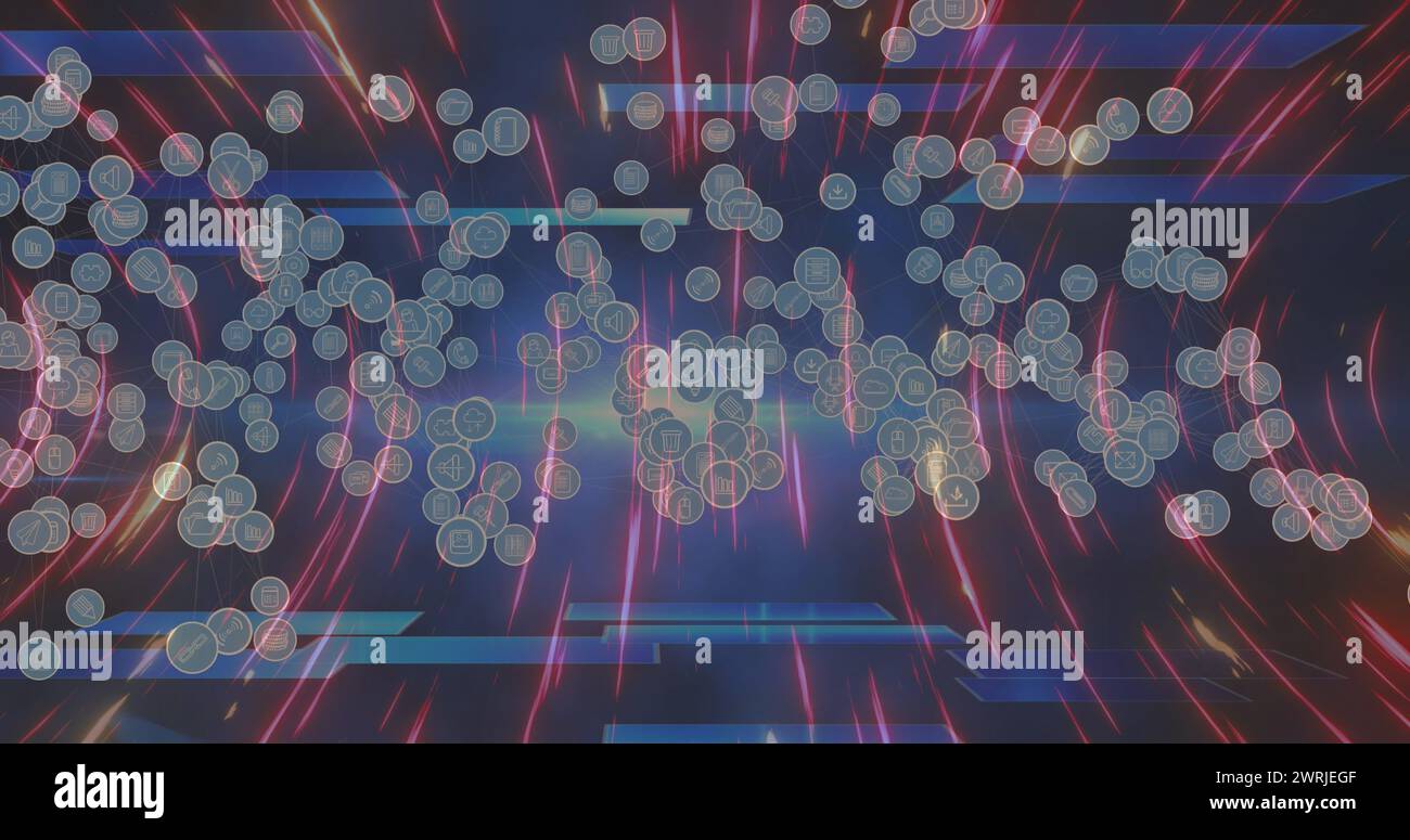 Image of digital icons over flickering light trails Stock Photo - Alamy