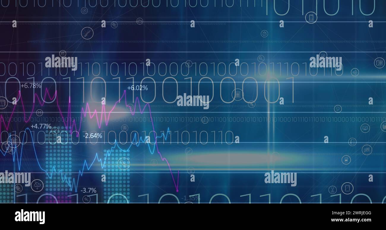 Image of binary coding processing over digital icons Stock Photo - Alamy