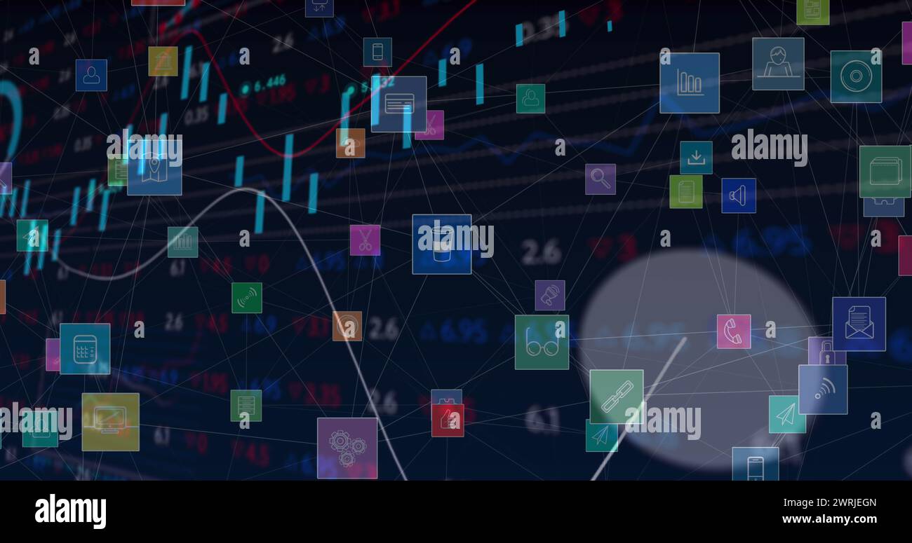 Image of digital icons over data processing in background Stock Photo - Alamy