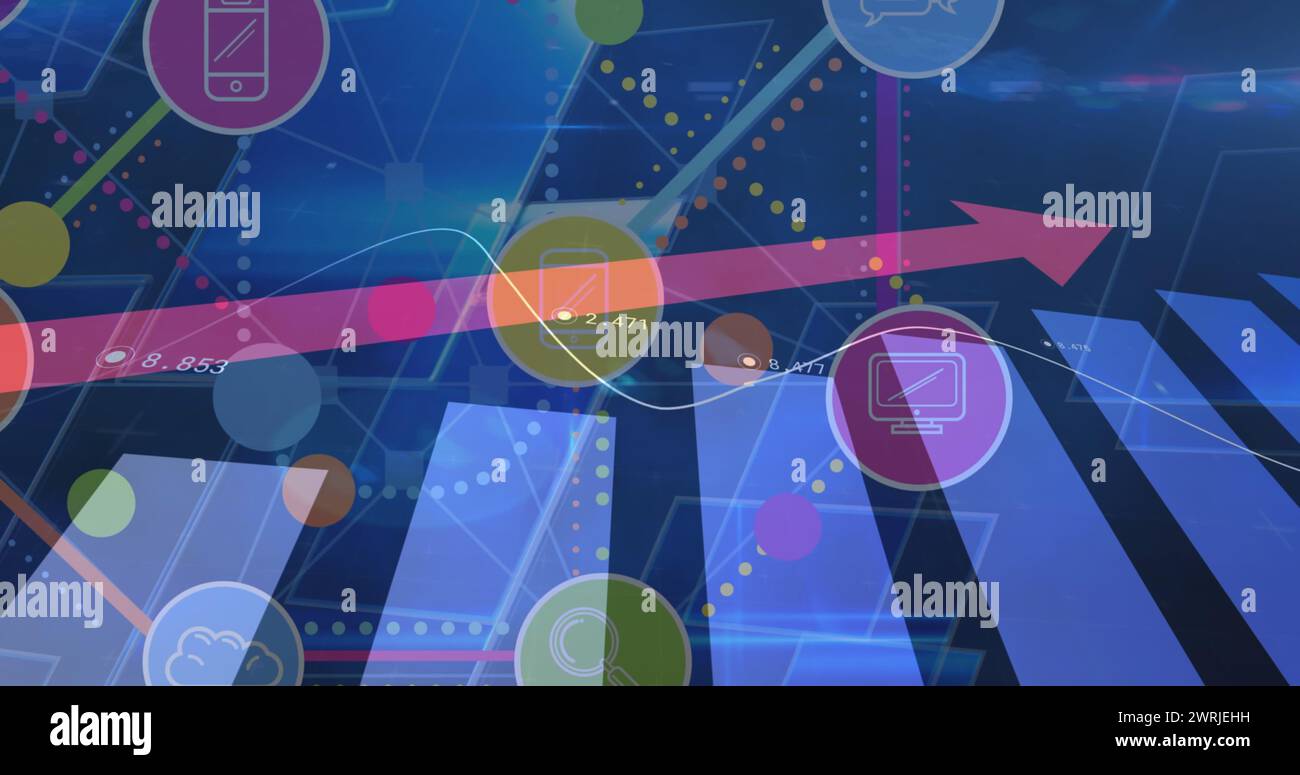 Image of digital icons over statistics with pink arrow pointing up in ...