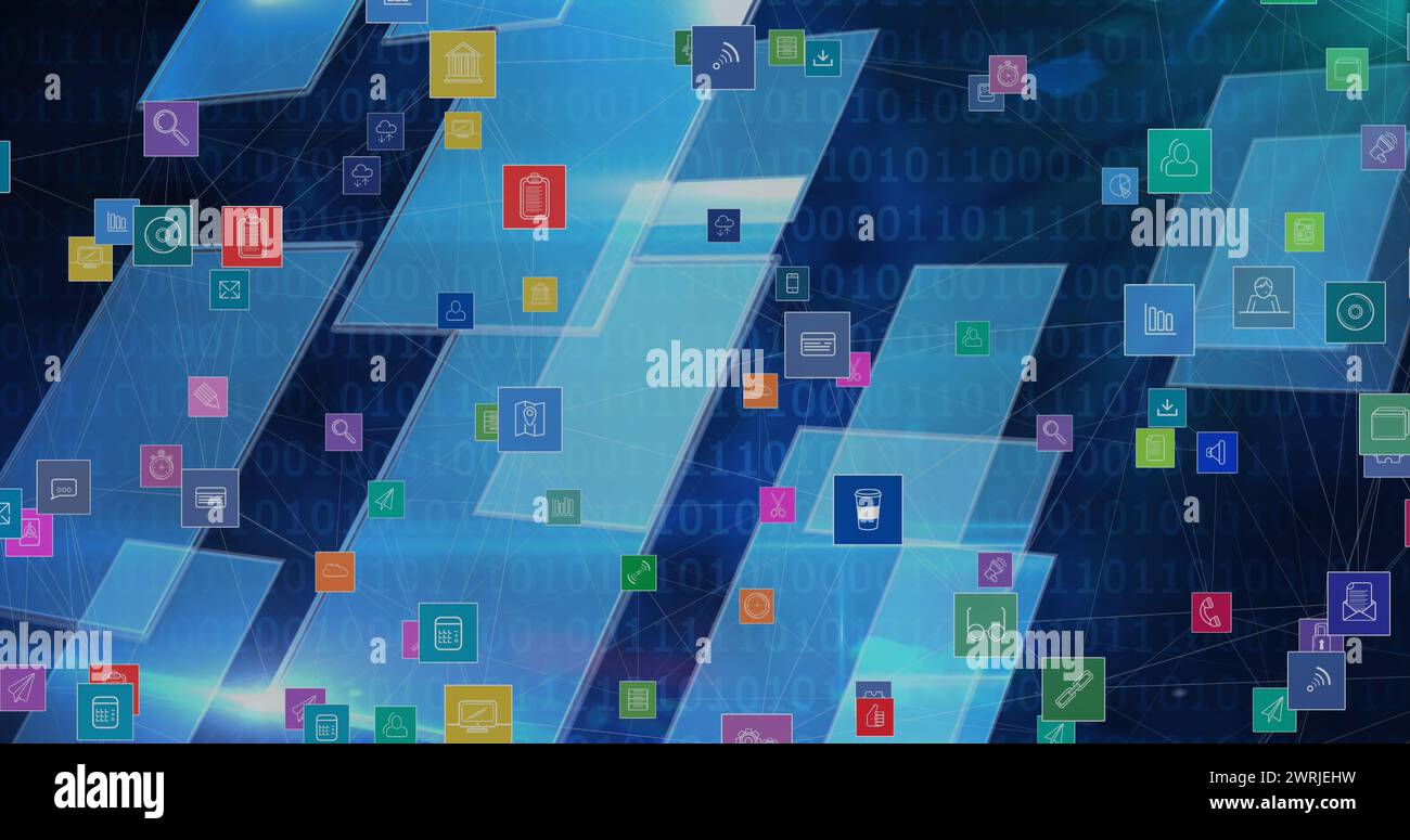 Image of digital icons over blue screens and binary coding Stock Photo ...