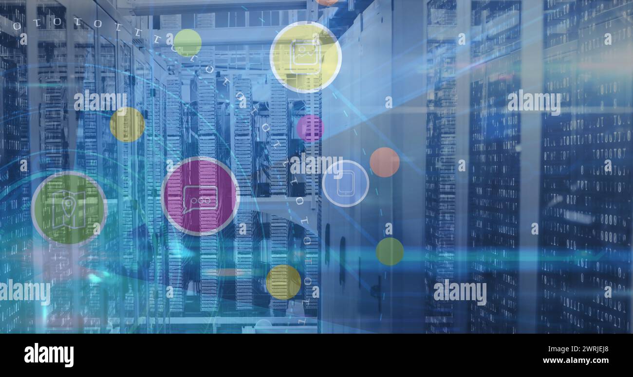 Image of digital icons over scope scanning and computer servers Stock Photo - Alamy