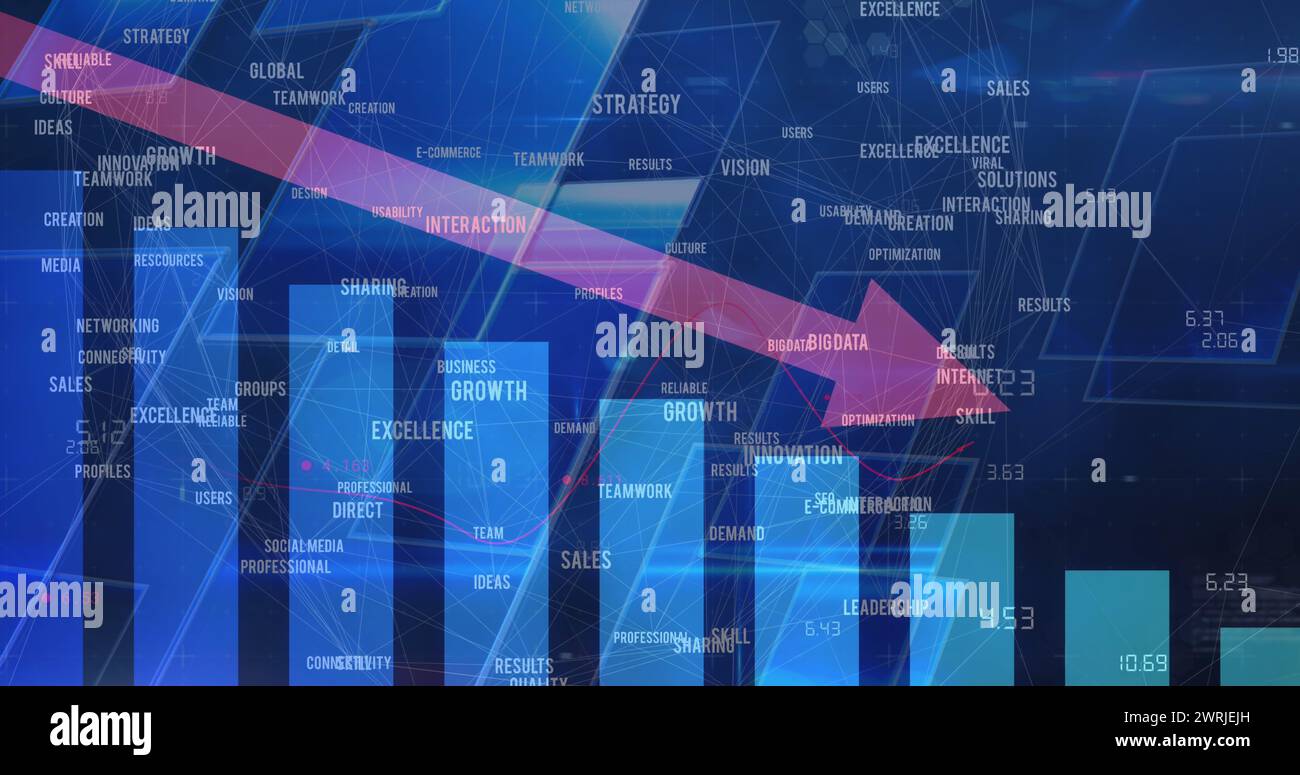Image of statistics with red arrow pointing down and business text ...