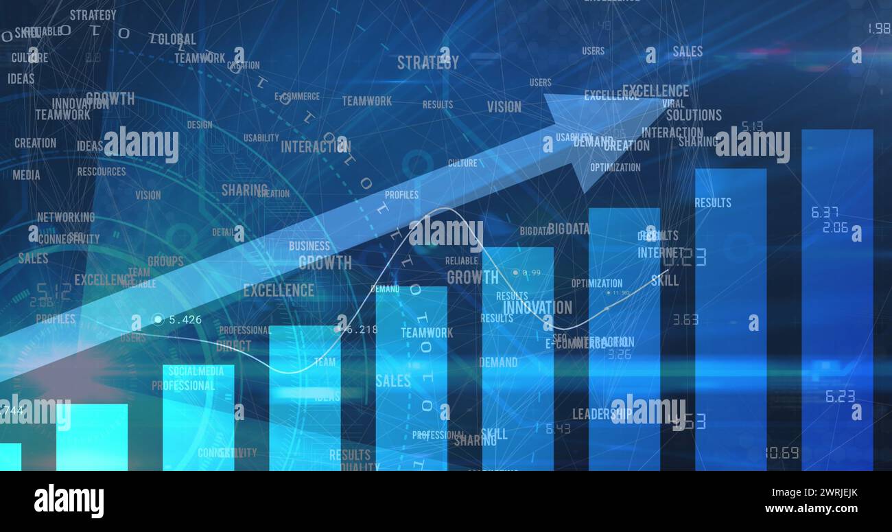 Image of financial data processing with blue arrow pointing up and numbers changing Stock Photo ...